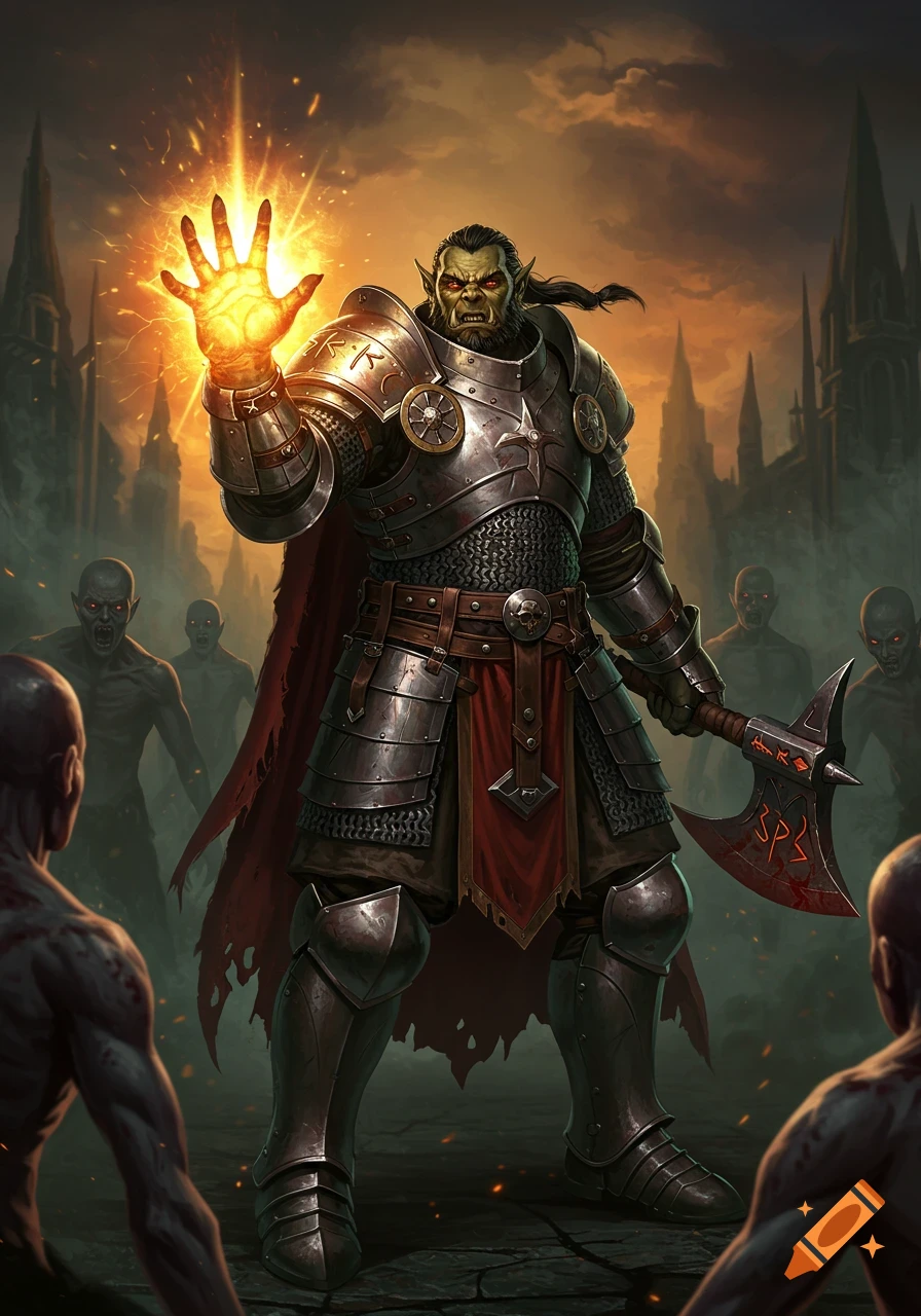 A green-skinned orc knight in chainmail and a yellow and black tabard ...