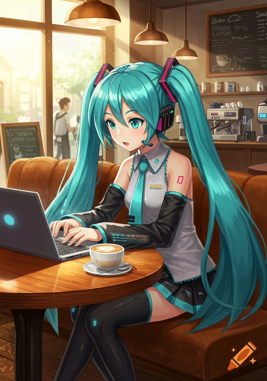 Hatsune Miku with long teal pigtails, wearing a uniform, smiles while ...