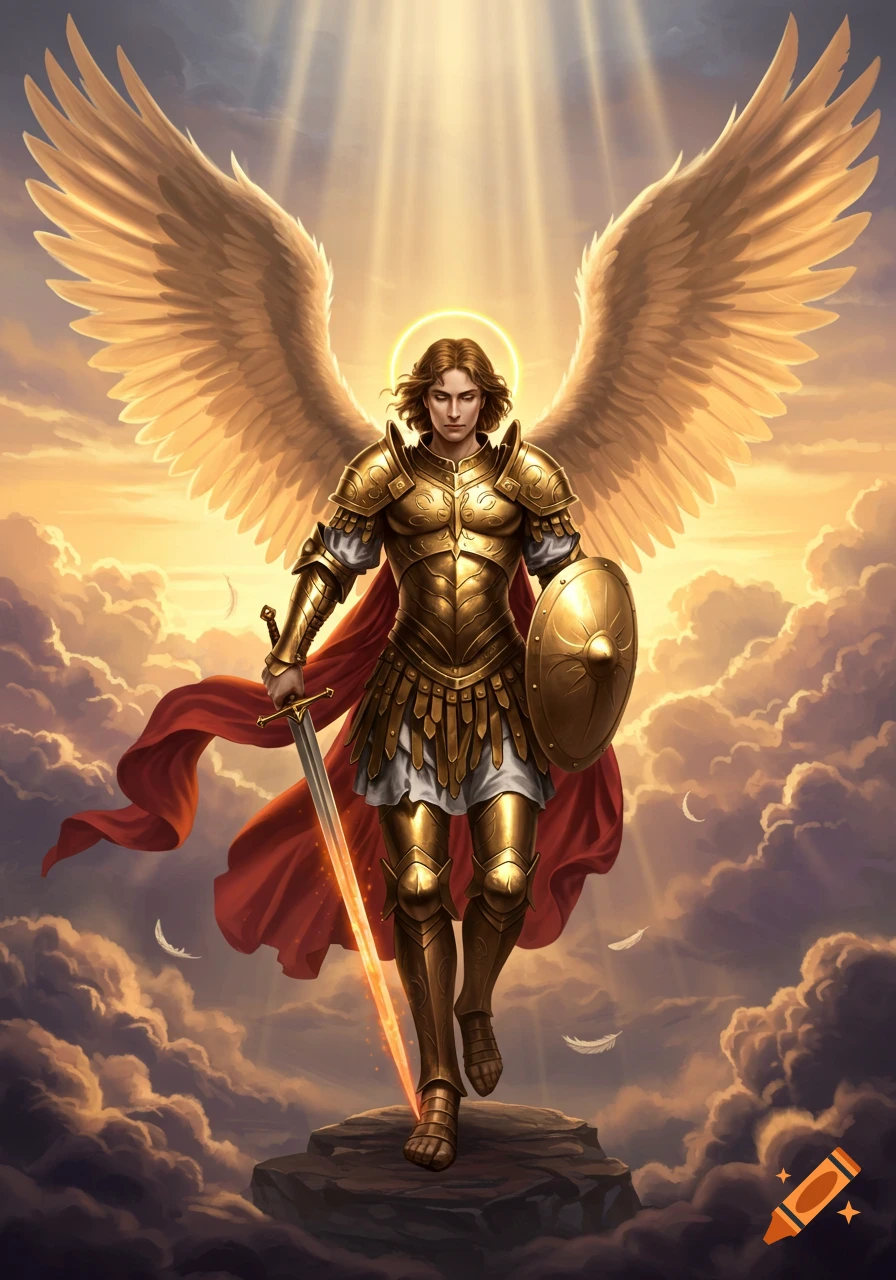 Archangel Michael in shining armor with large wings stands on a ...