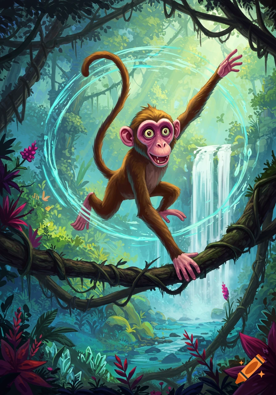 A squirrel monkey paints a wooden box with a sun and blue drips in a ...