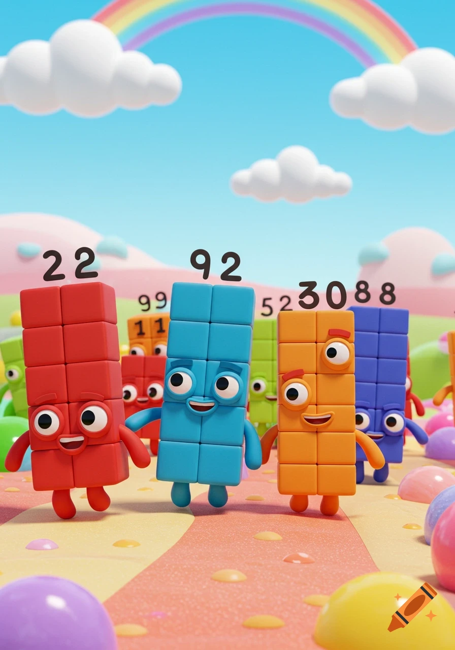 Four colorful, happy block characters with numbers 12, 7, 0, and 9 on ...