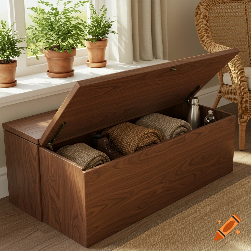 A wooden storage bench with an open lid, revealing blankets, shoes, and ...