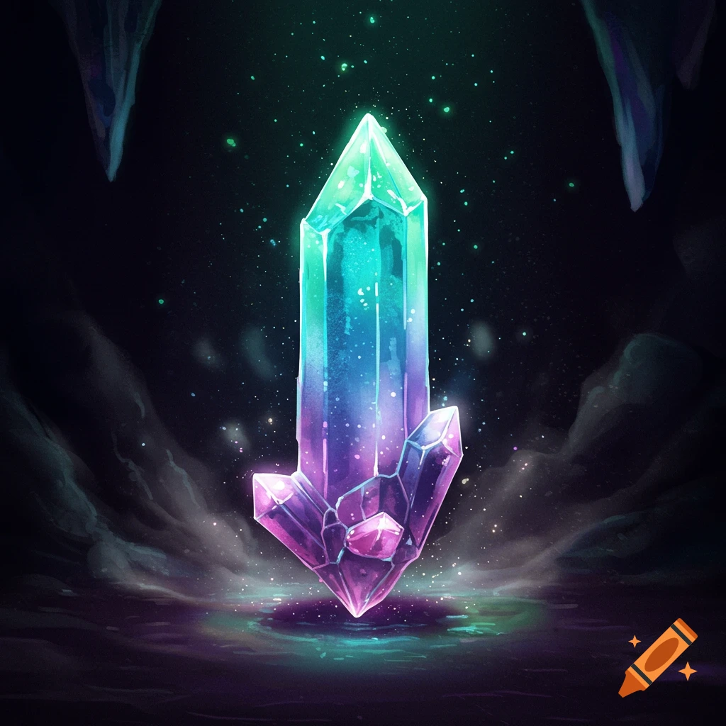 A glowing, multifaceted crystal shard in vibrant turquoise and purple ...