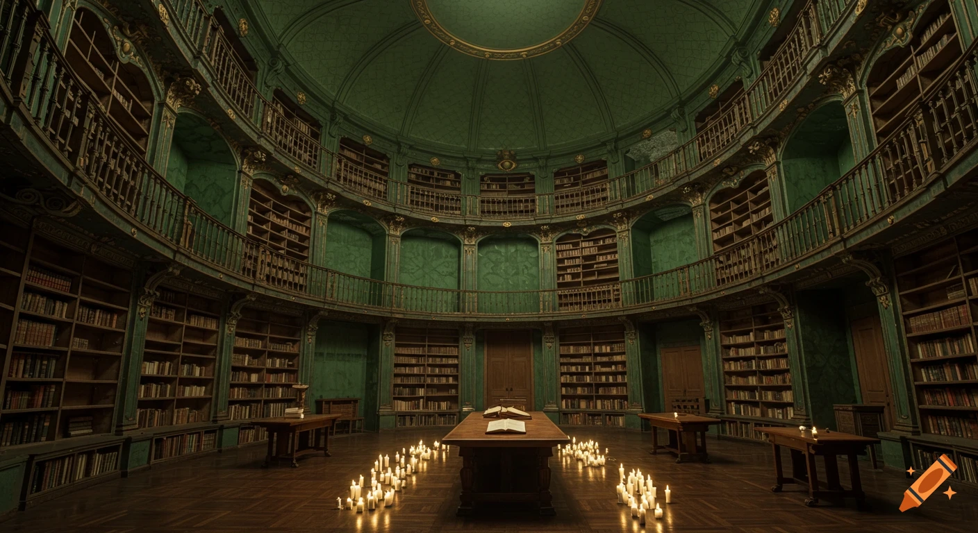 An ornate circular baroque library with high green walls, bookshelves ...