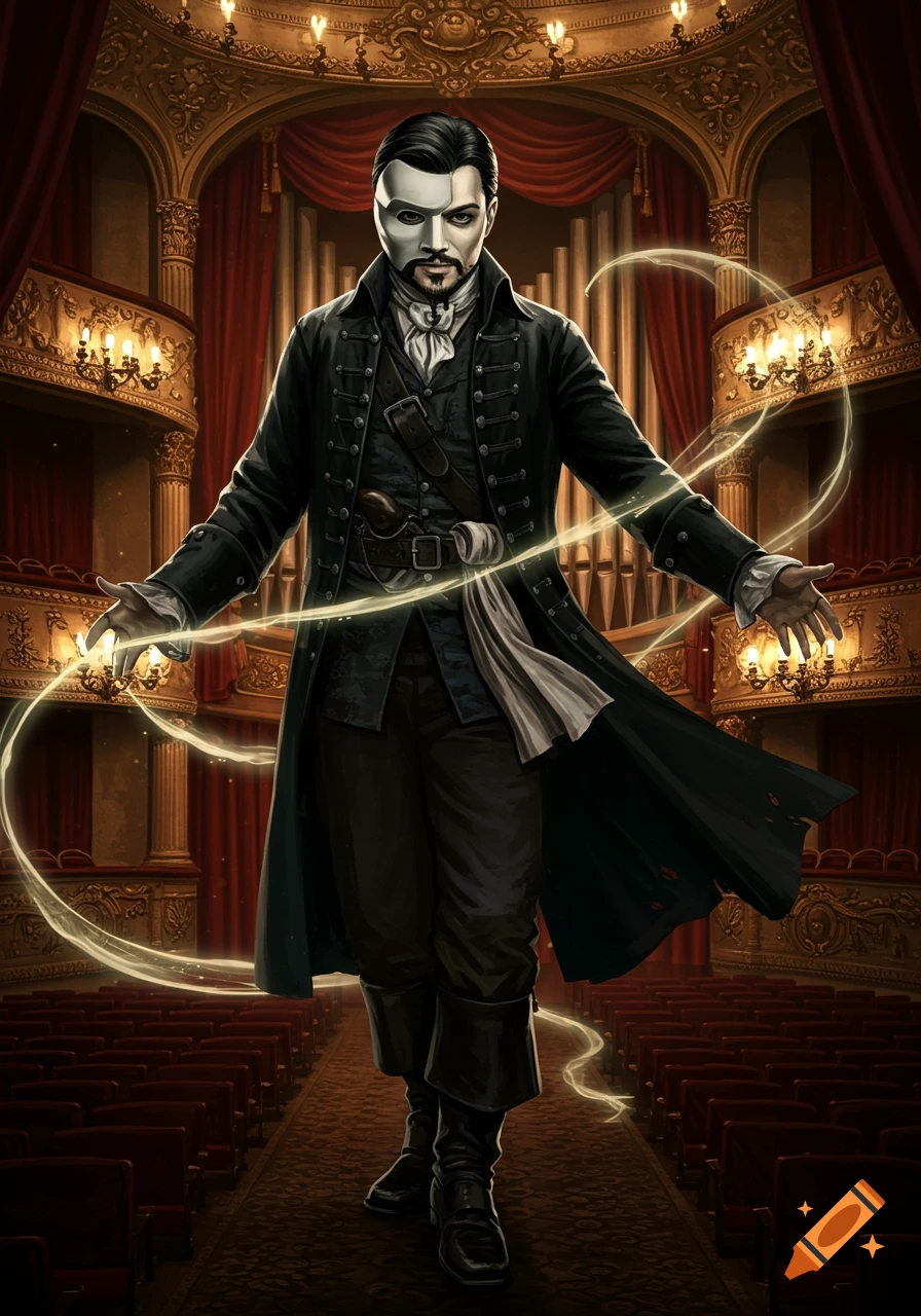 Stylized illustration of a man with a Phantom-style mask and long coat ...