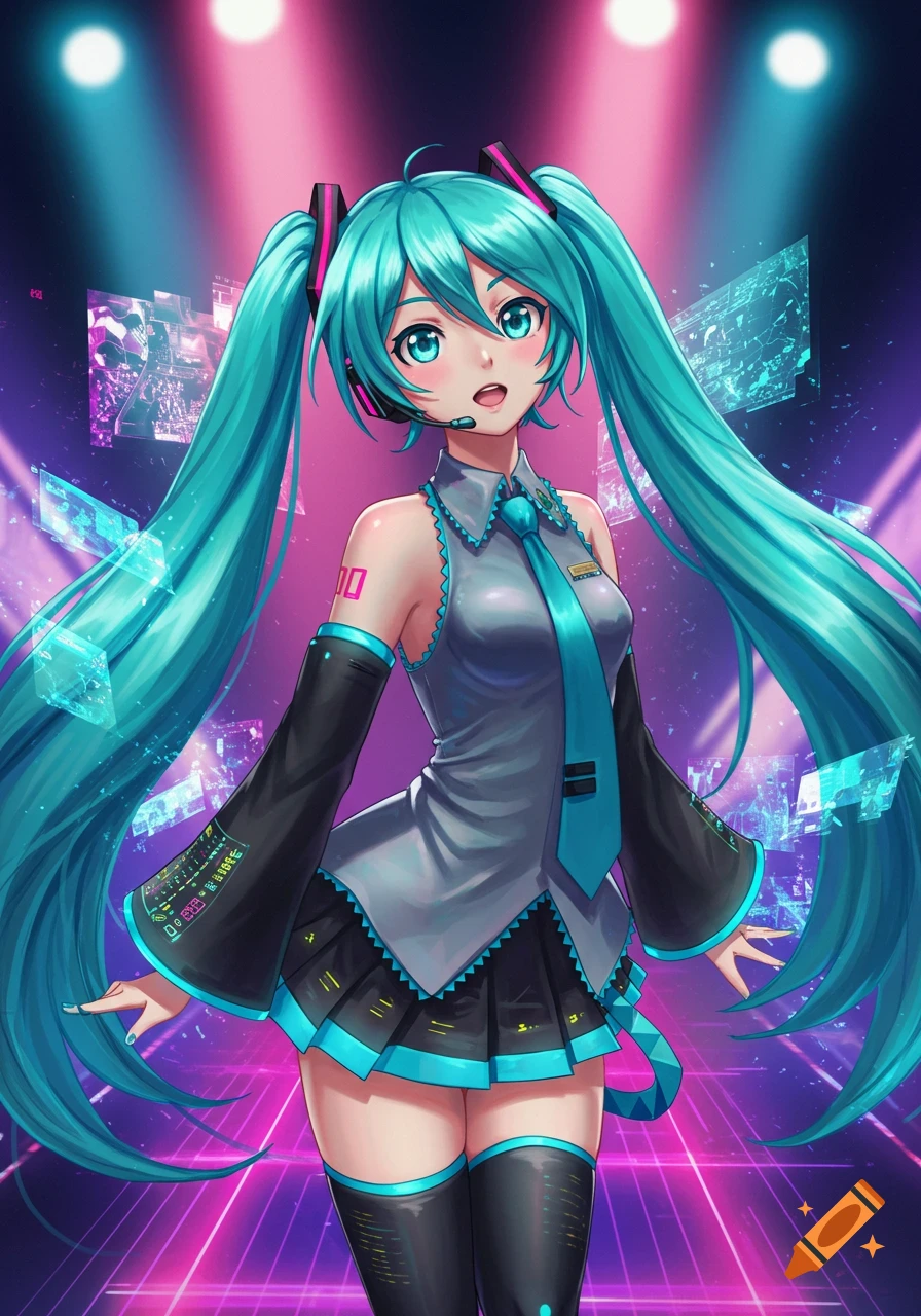 Hatsune Miku smiles with arms outstretched on a vibrant stage in an ...