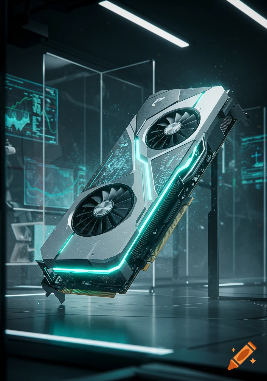 Futuristic computer graphics card with glowing blue accents and circuit ...