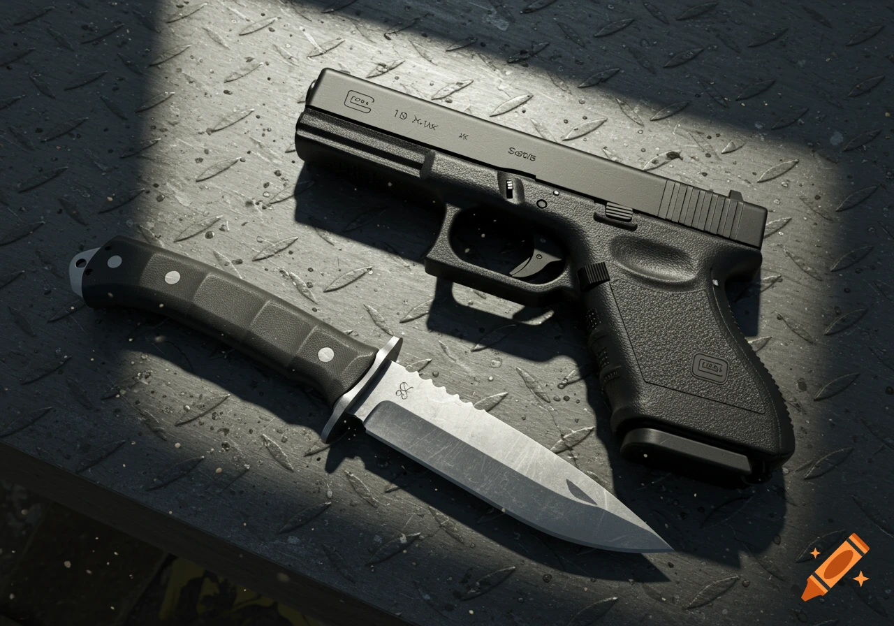 A detailed illustration of a silver knife with a black wooden handle ...