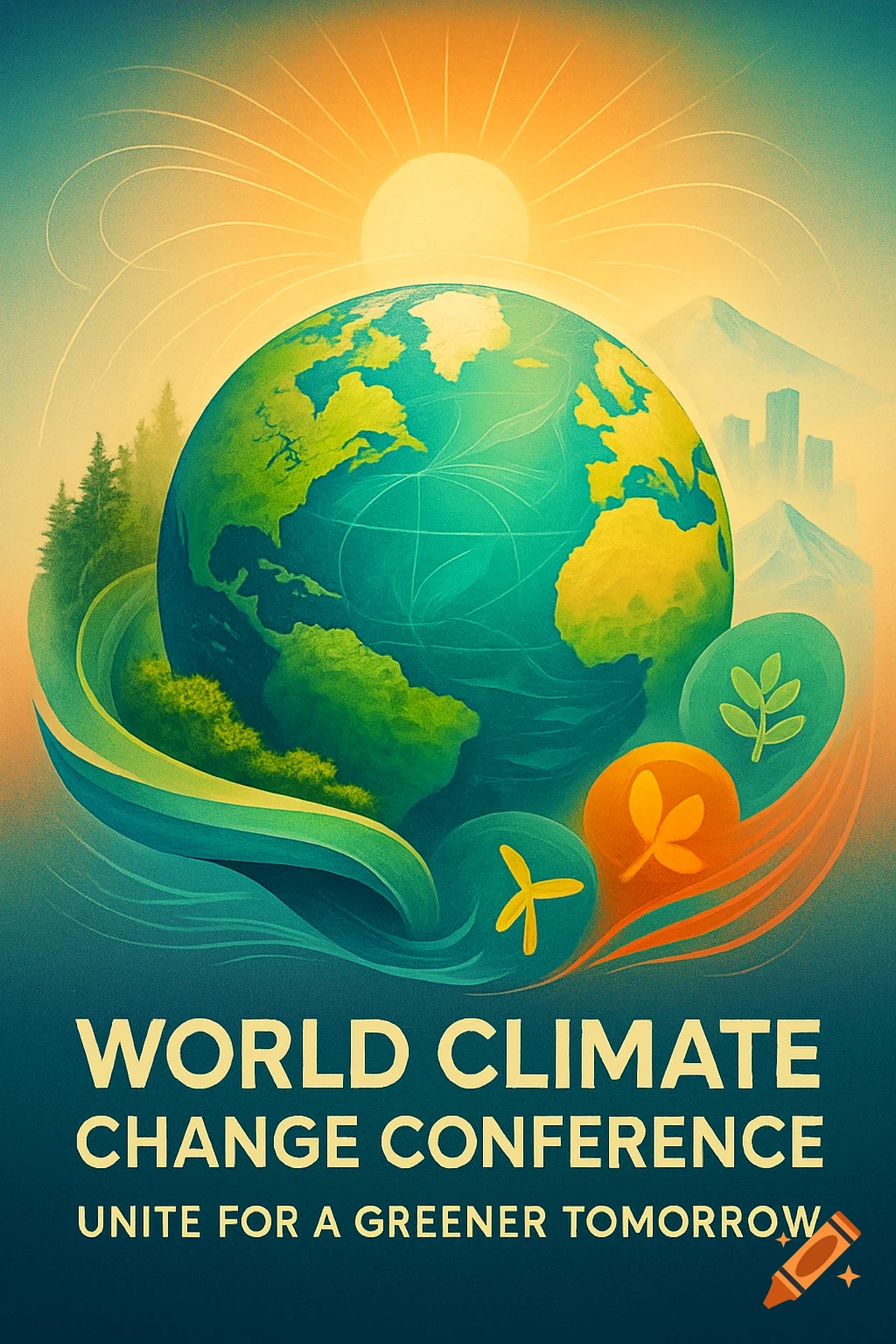 Stylized poster for a World Climate Conference featuring a globe, wind ...