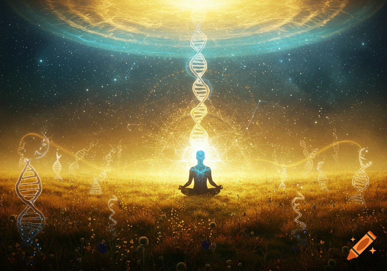 A glowing blue DNA strand rises from railway tracks in a misty field ...