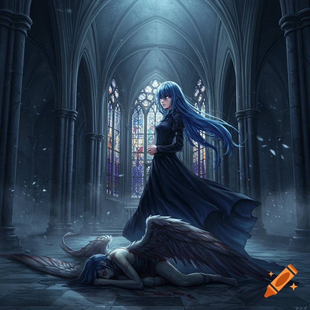 Anime woman with long red hair lying on a bed in a deep red dress ...