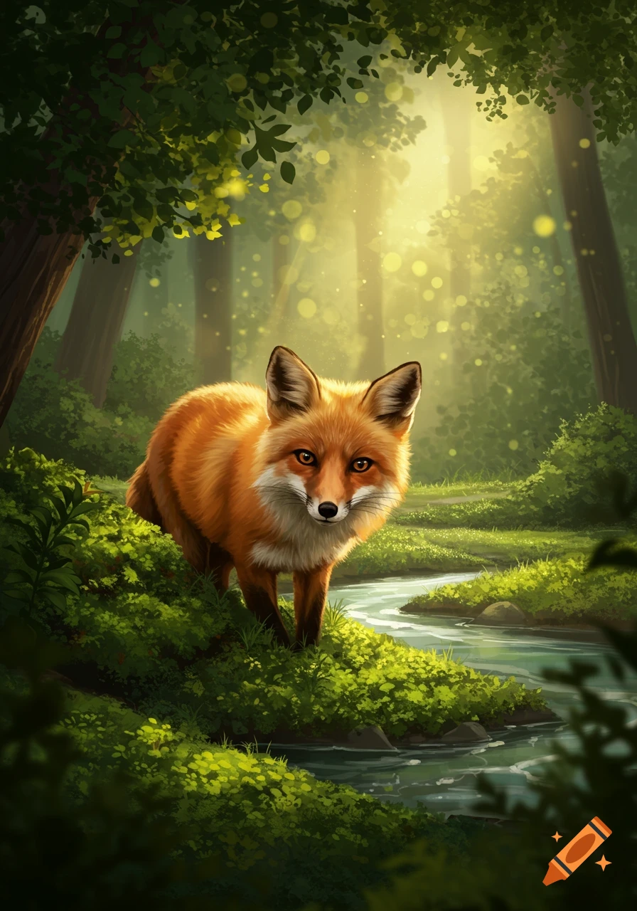 A beautiful red fox with white chest fur stands alert in a vibrant, sun ...
