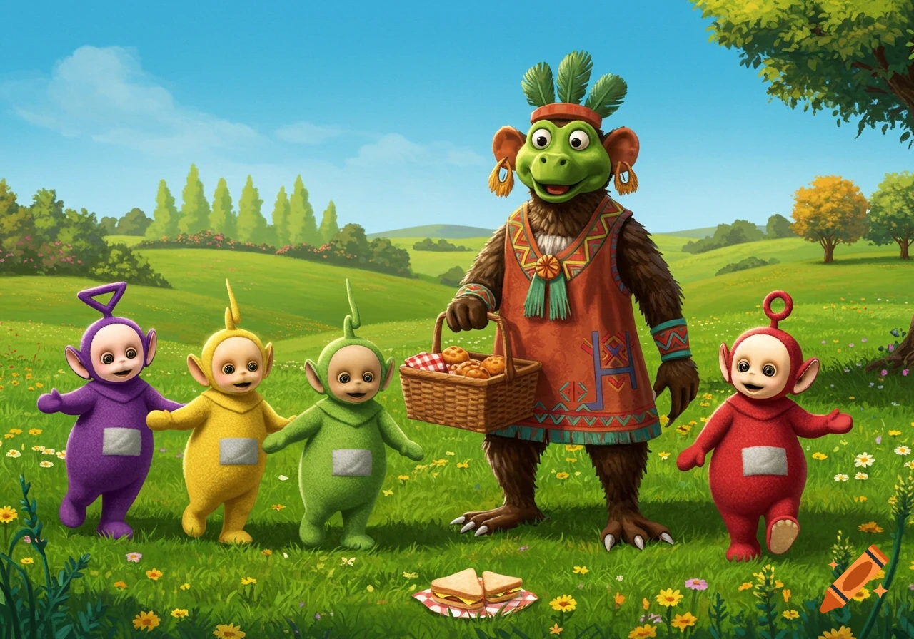 Four Teletubbies sit on a picnic blanket in a grassy field, as milk ...