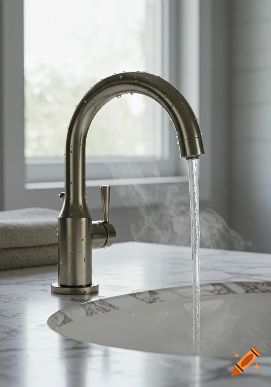A modern brushed metal bathroom faucet with water running into a white ...