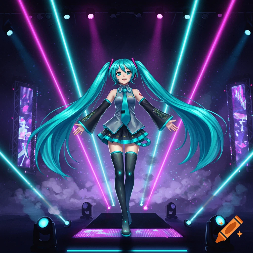 Anime illustration of Hatsune Miku with long turquoise twin tails ...