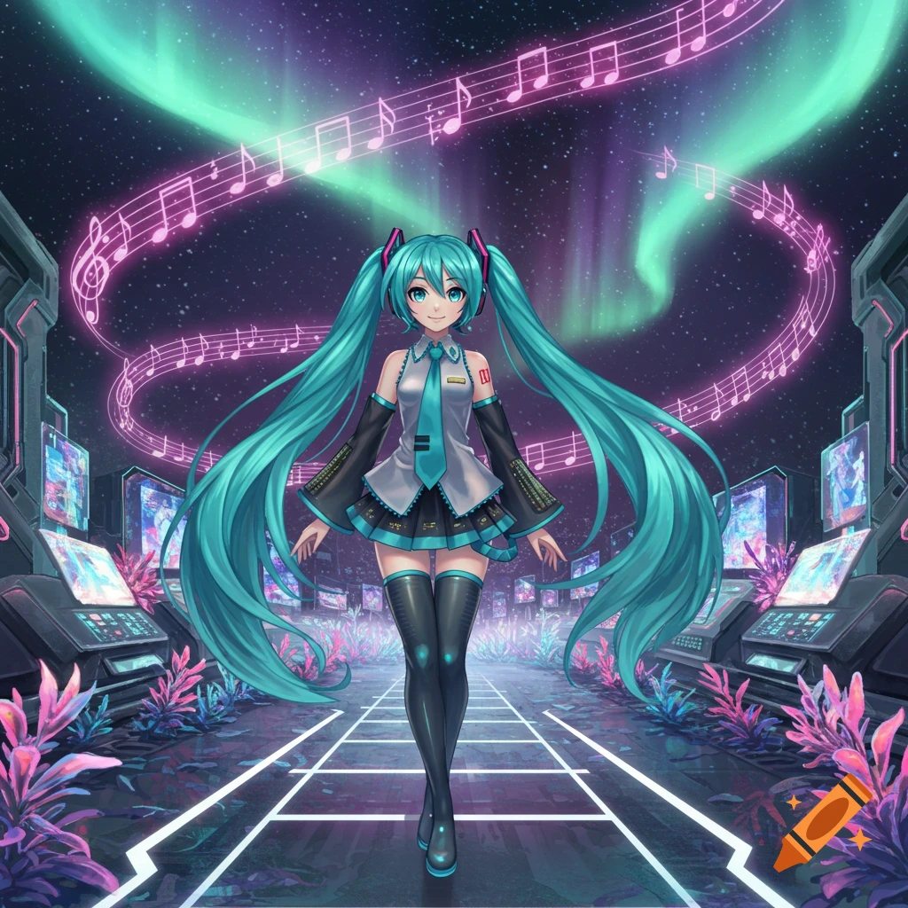 Hatsune Miku stands on a glowing path amidst futuristic consoles and ...
