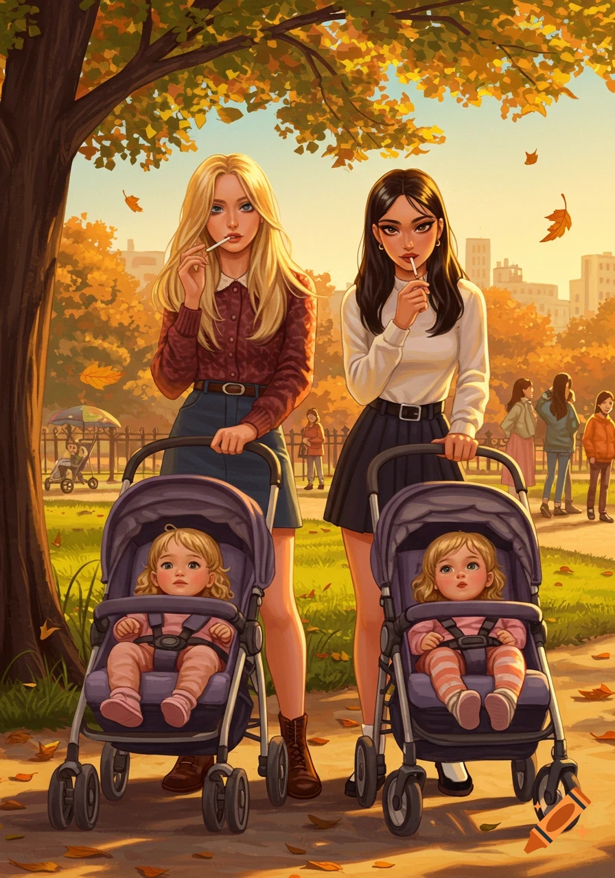 An illustration of a smiling man, two women, two children, a baby doll ...