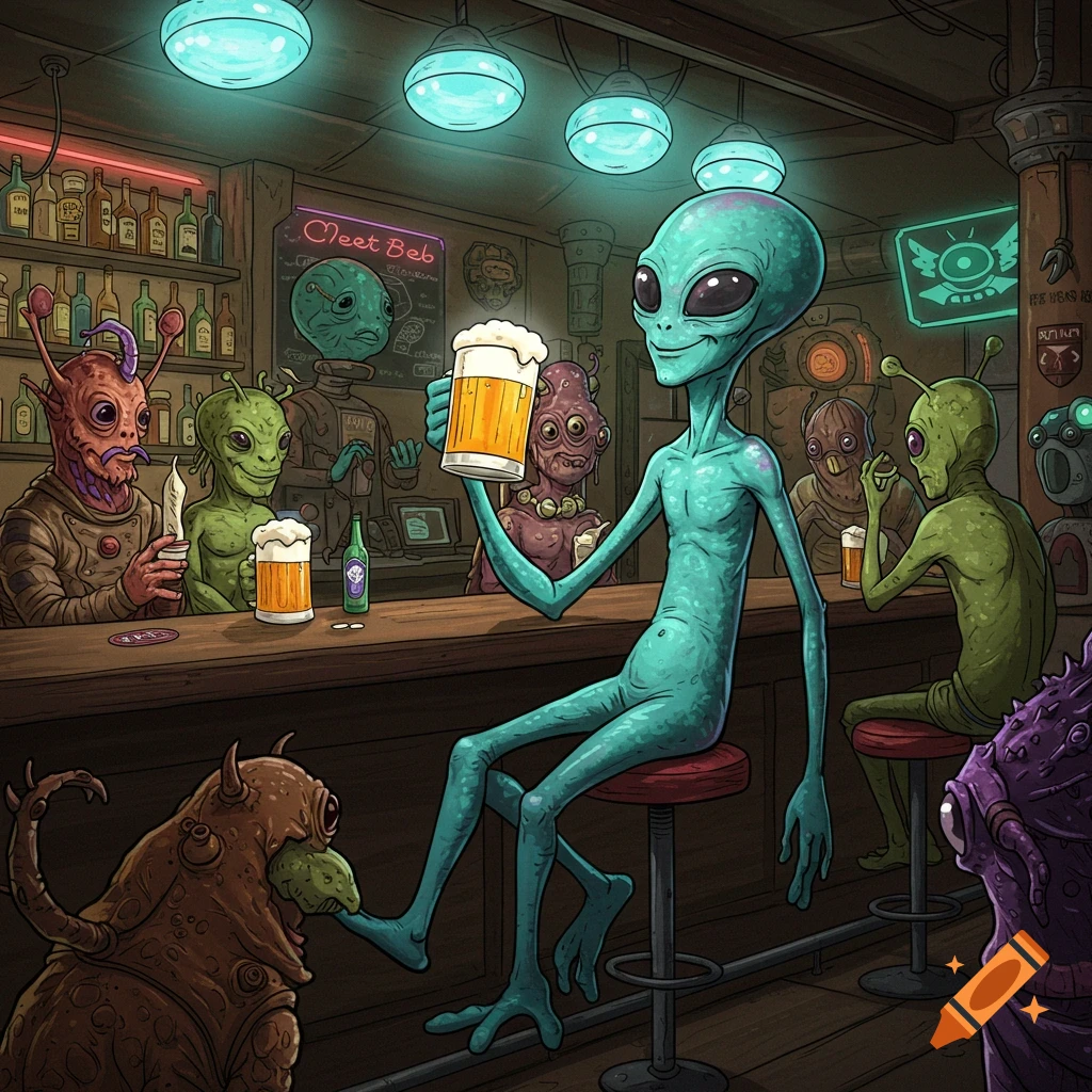 A cartoon illustration of various aliens in a futuristic bar, with one teal alien prominently ...