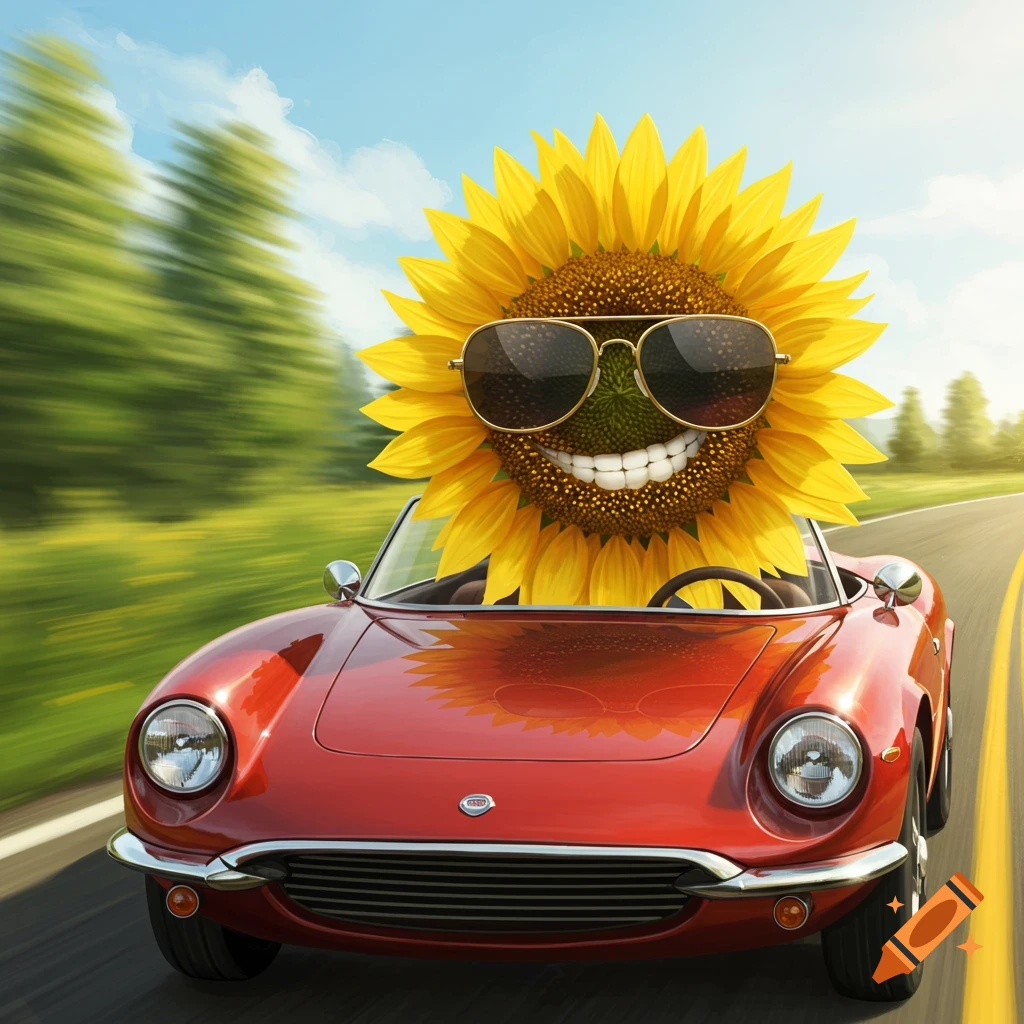 A cartoon sunflower with sunglasses and a wide grin drives a red ...