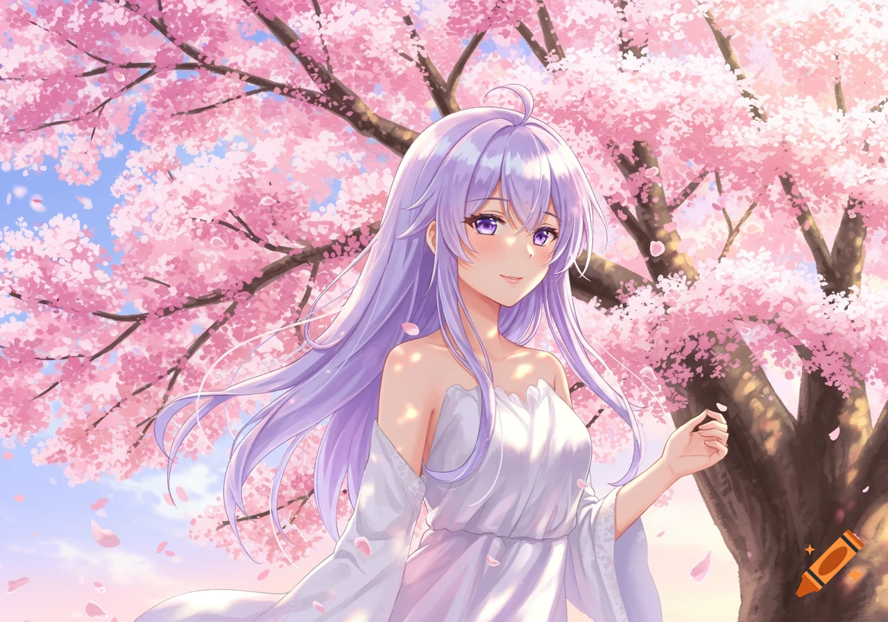 An anime character with white hair and purple eyes in a purple and ...