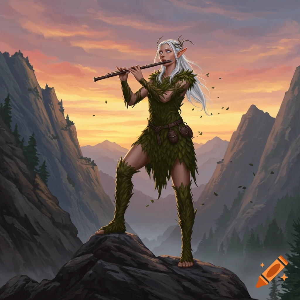 A female elf with white hair, wearing a leafy green outfit, plays a ...