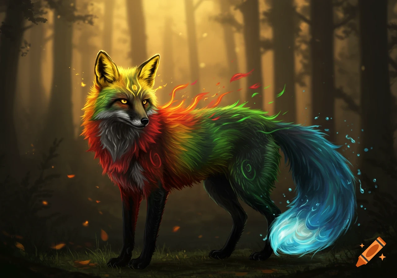 A vibrant, stylized elemental fox with a yellow head, fiery red torso ...