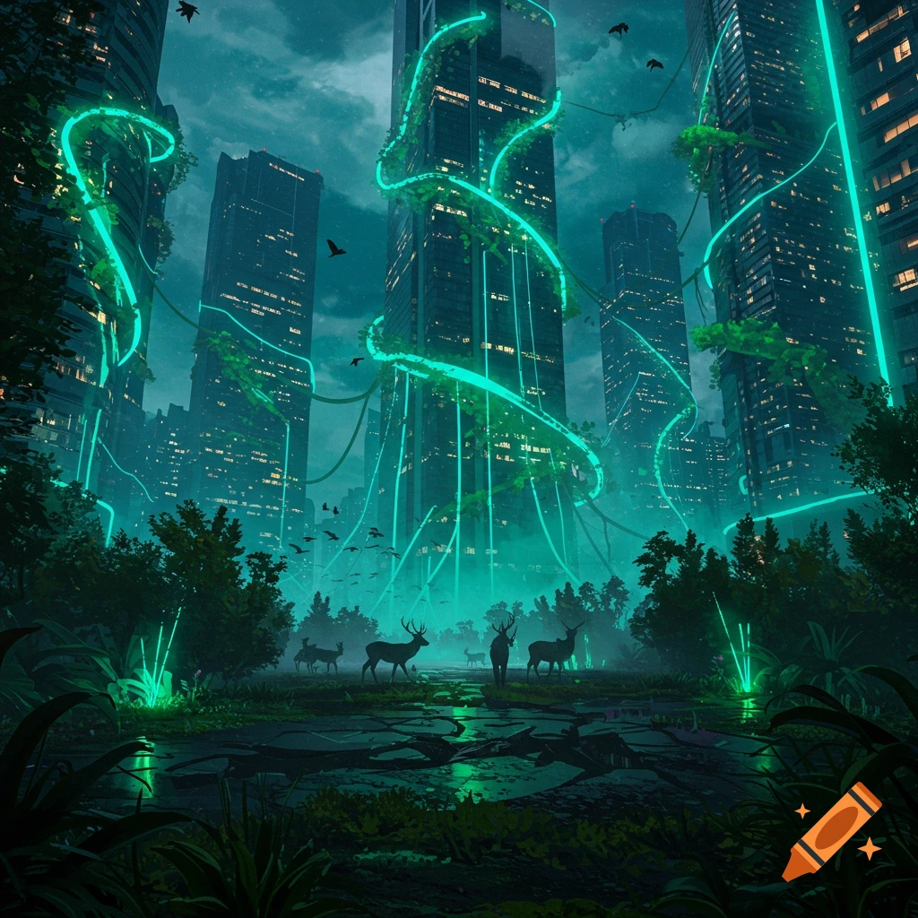A cyberpunk jungle city at night with neon green vines on skyscrapers ...