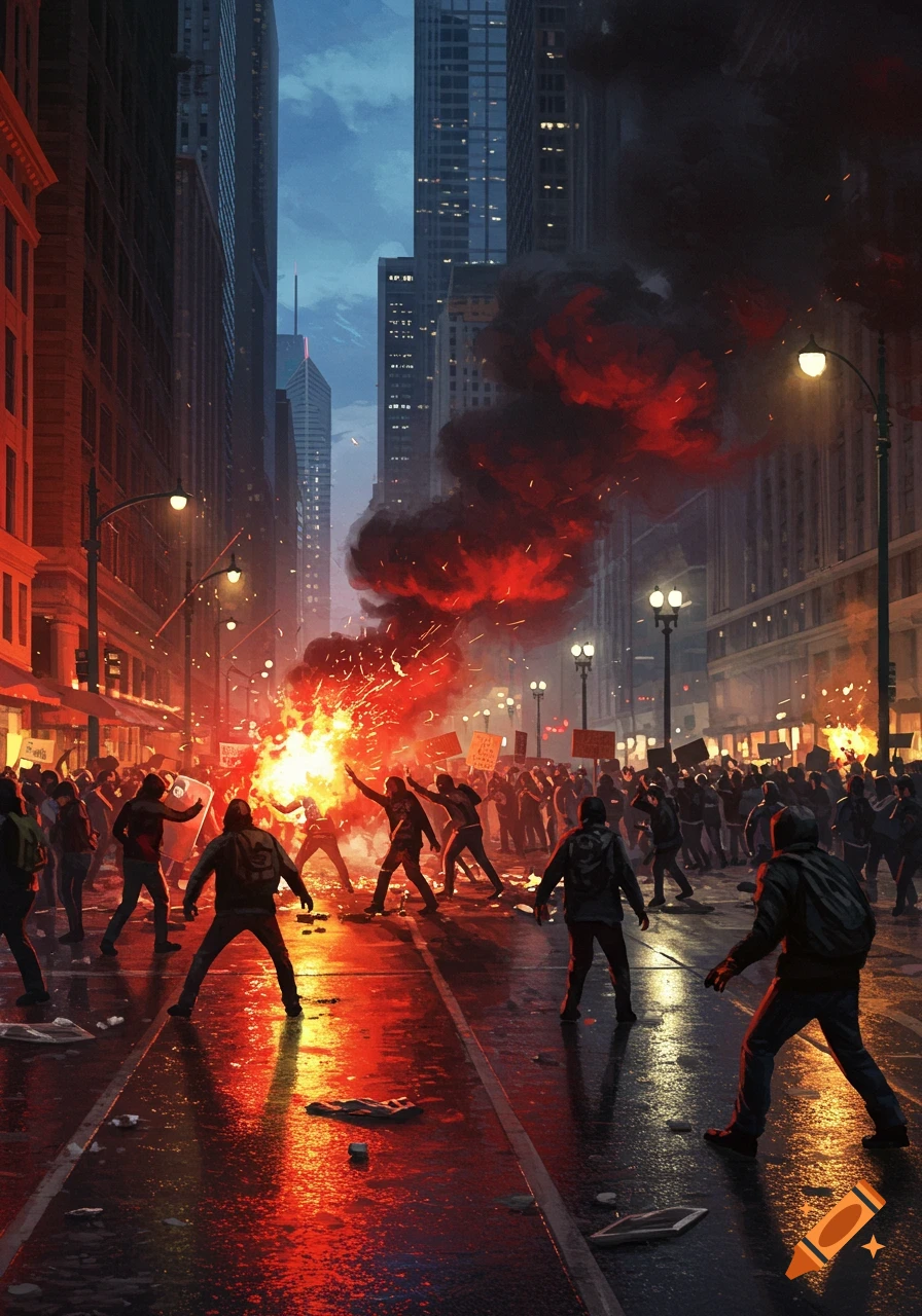 A stylized painting of a riot in a city street at night, with fires ...