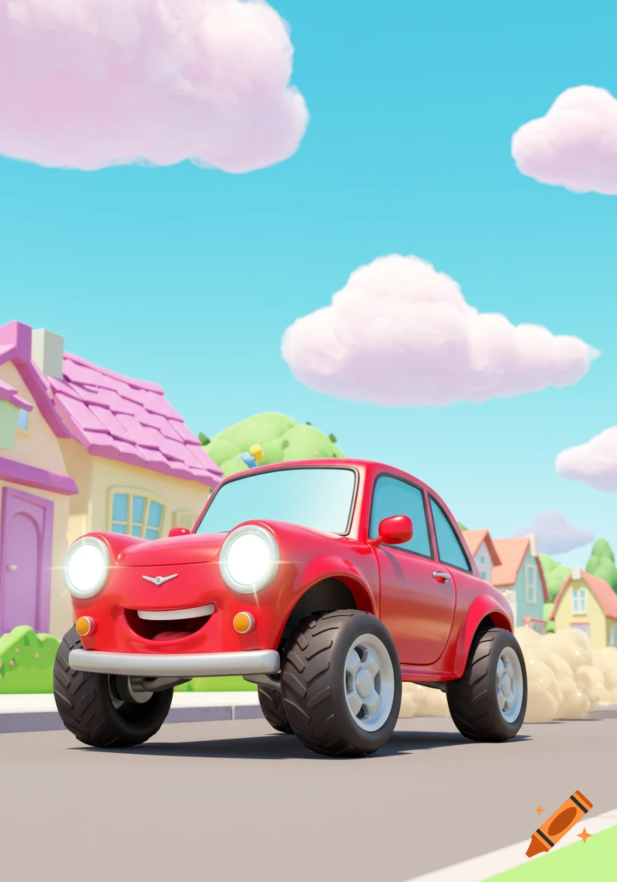 A cheerful red cartoon car with big wheels and a smiling face drives ...