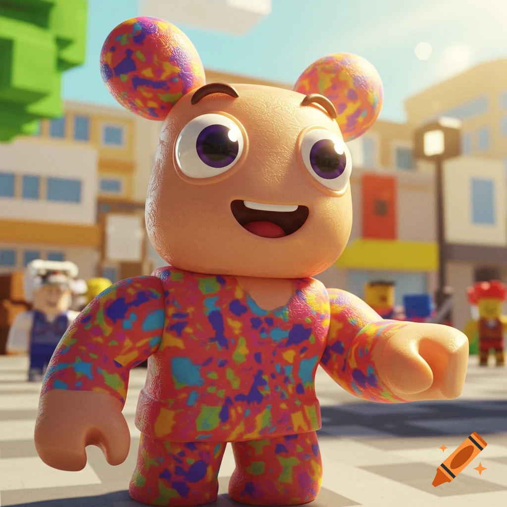 A cute, orange, toy-like character with big eyes and a wide smile ...