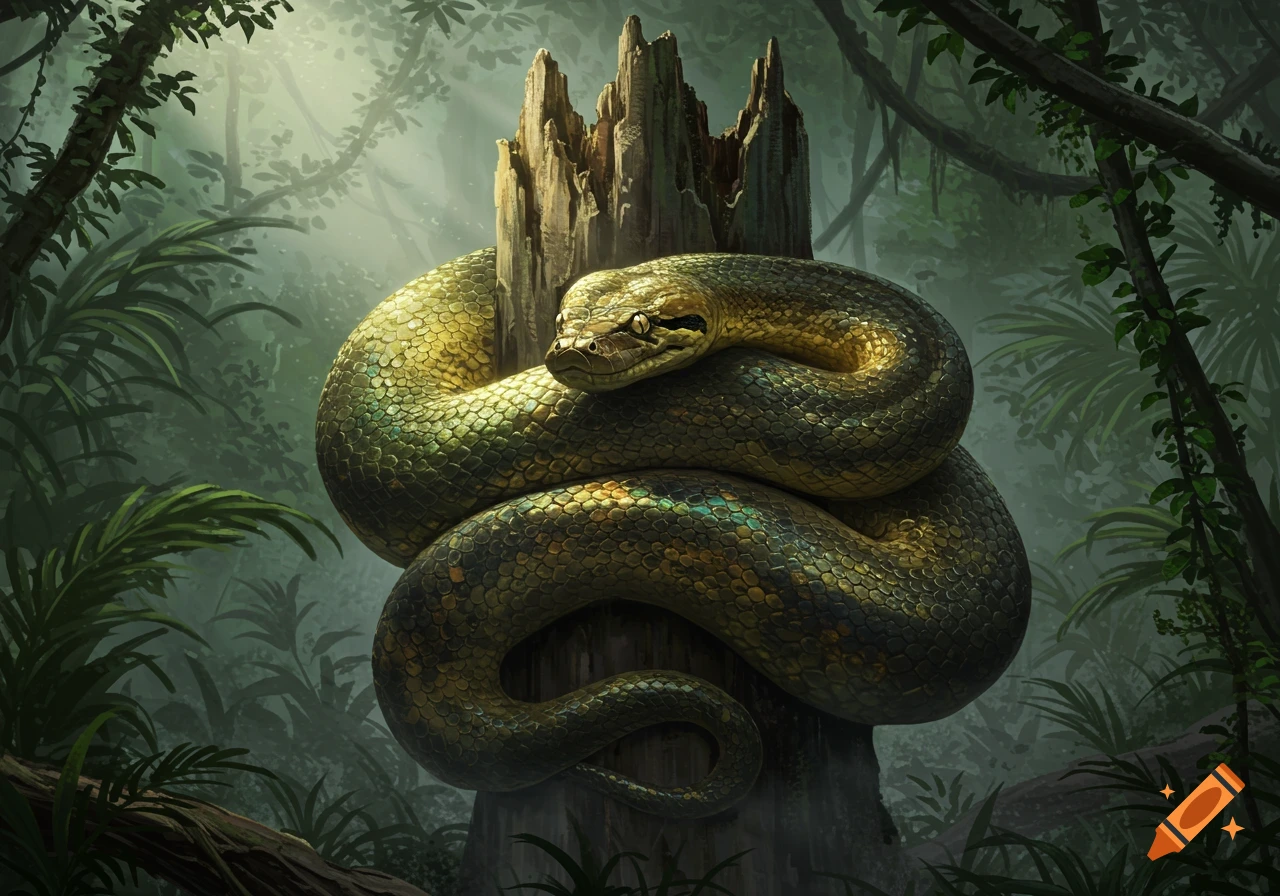 A large, green and yellow anaconda snake with patterned scales coiled ...