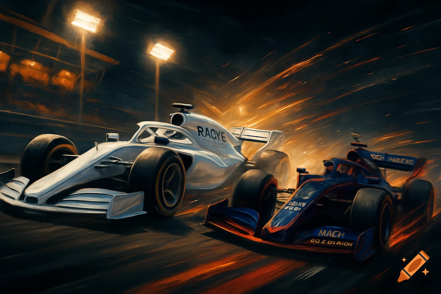 A dynamic painting of a white and a blue Formula 1 car racing at night ...