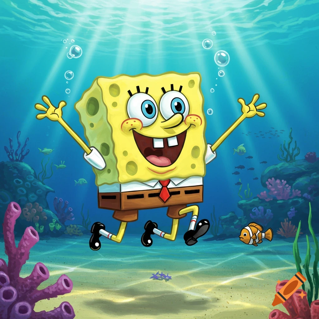 SpongeBob SquarePants happily swims underwater with a Krabby Patty ...