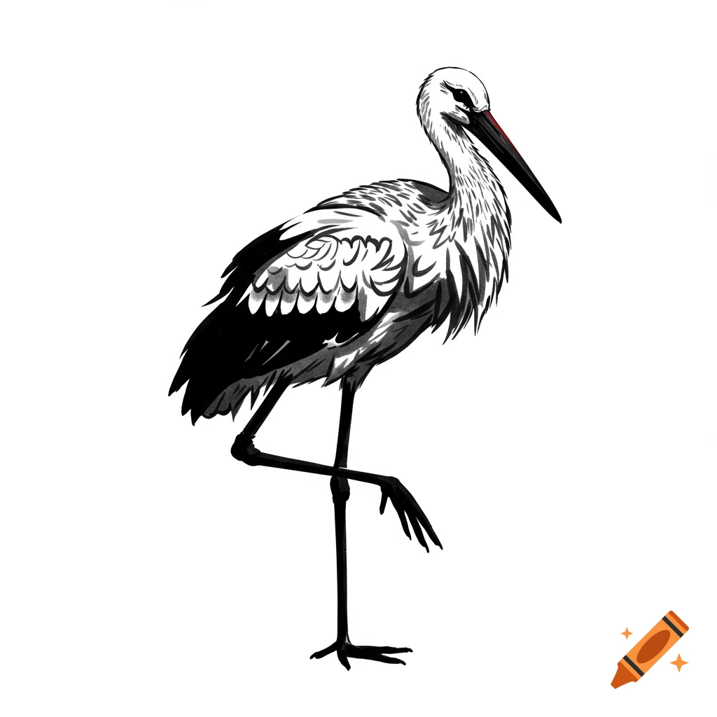 A stylized black and white illustration of a stork standing on one leg ...