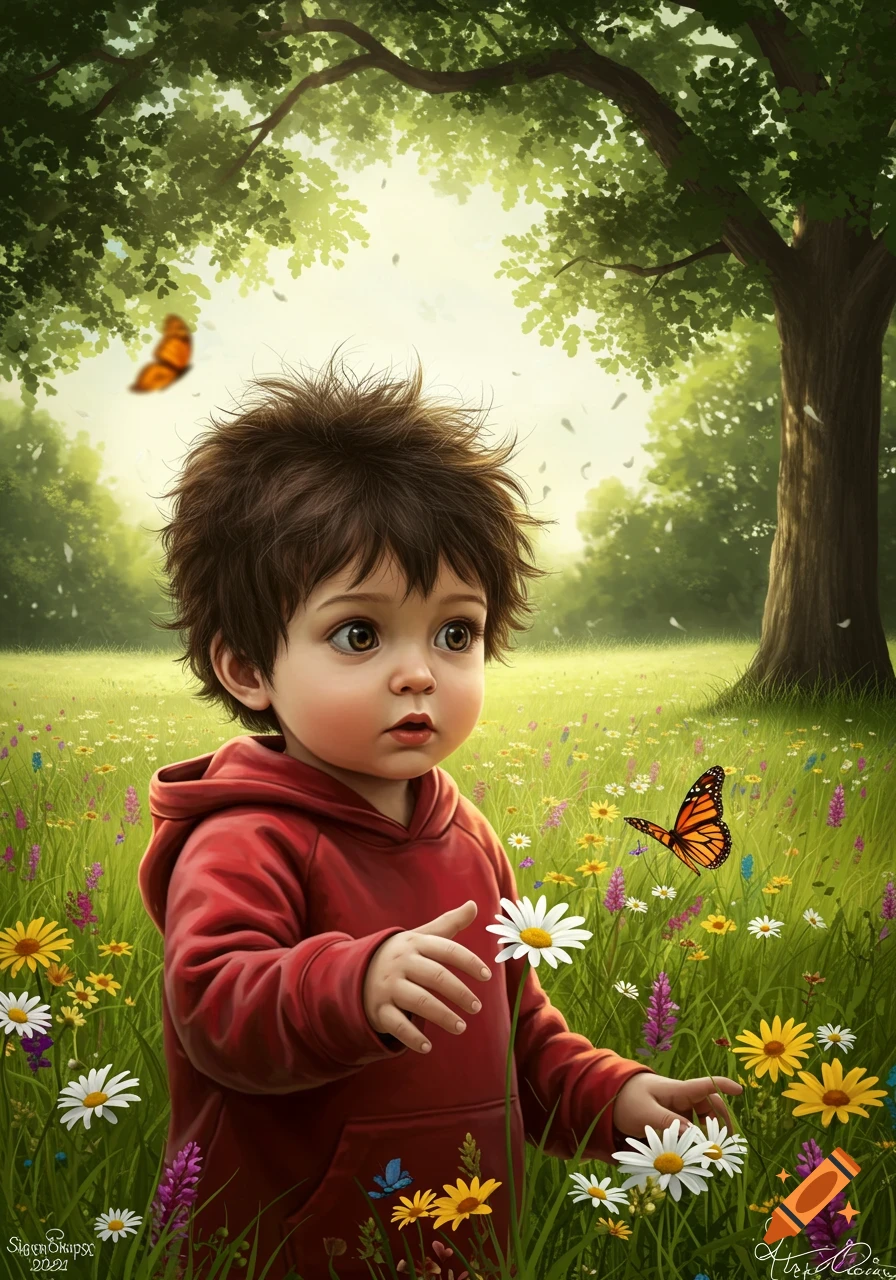 A young boy with curly hair, wearing a yellow t-shirt and denim shorts ...