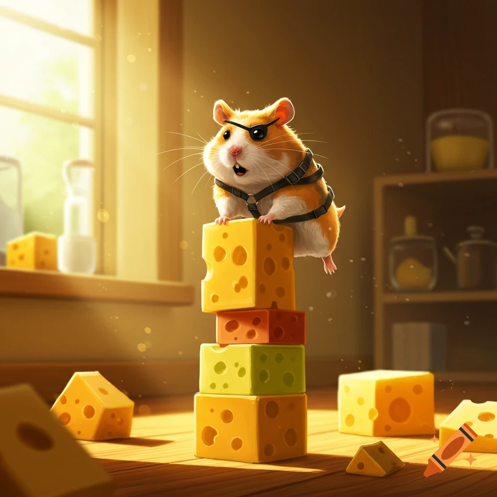 A cute, cartoonish hamster wearing an eyepatch and harness, balancing atop a tall stack of ...