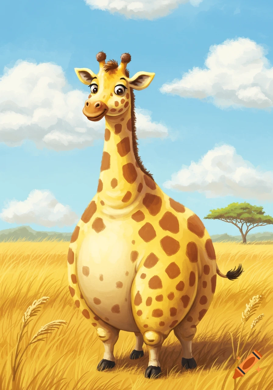 A cute, chubby cartoon giraffe stands in a sunny savanna under a blue ...