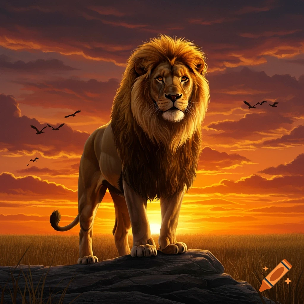 Majestic lion with a golden mane standing on a rock against a vibrant ...