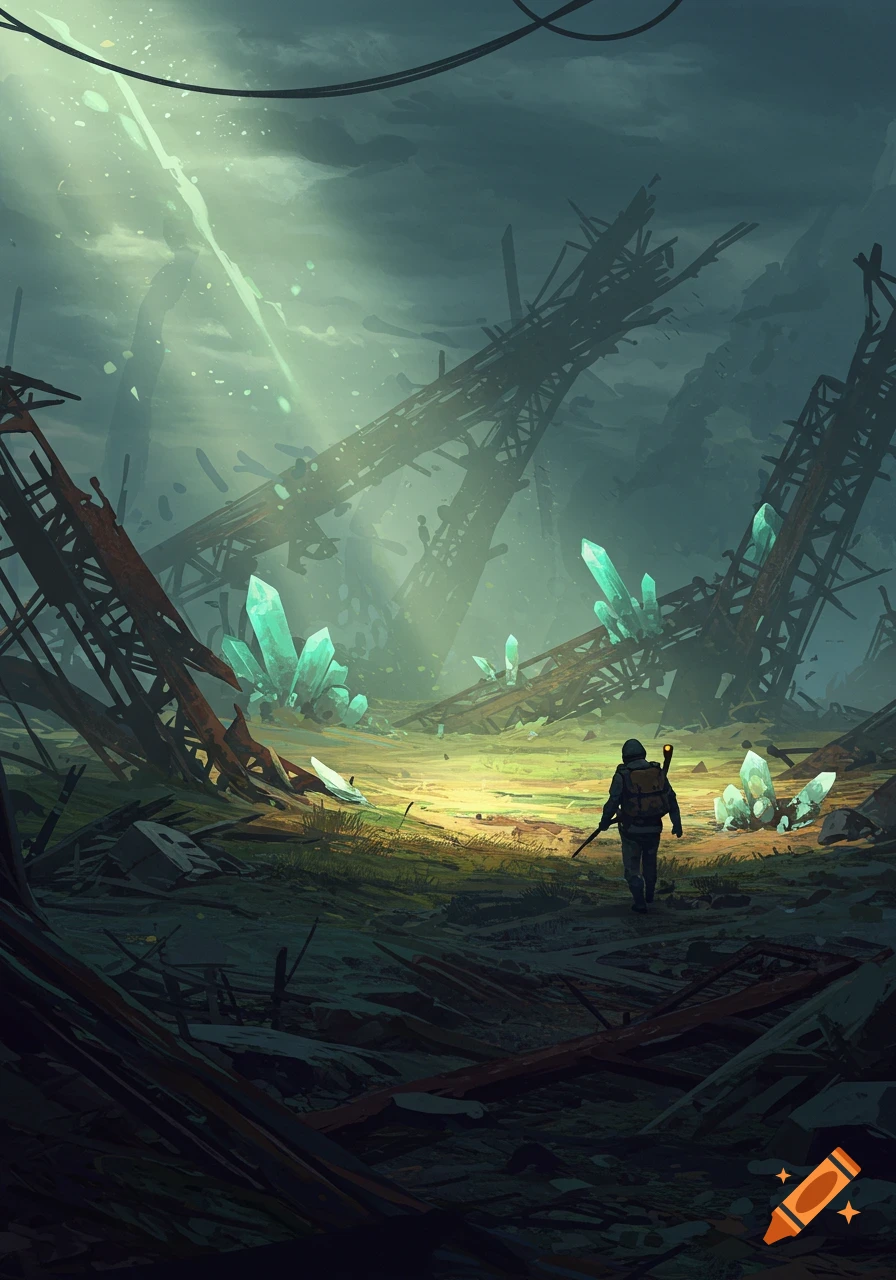 A lone figure walks through a desolate, ruined landscape filled with ...