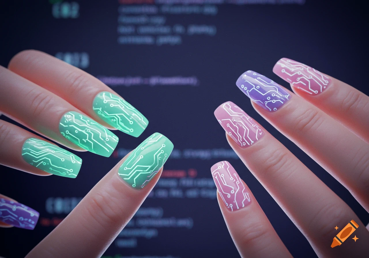 Two hands with long, colorful floral painted nails resting on each ...