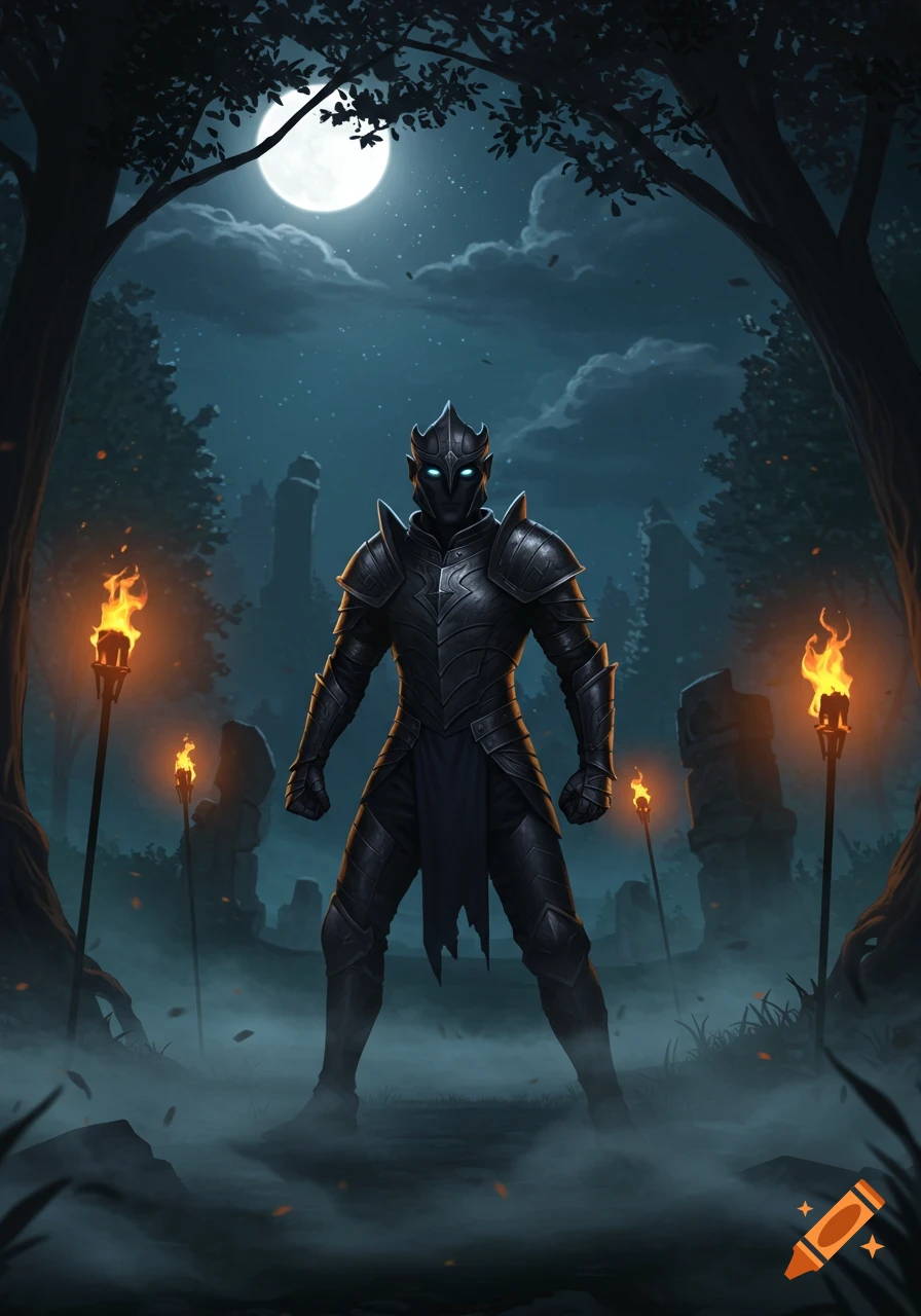 A dark armored knight with glowing blue eyes stands in a misty forest ...