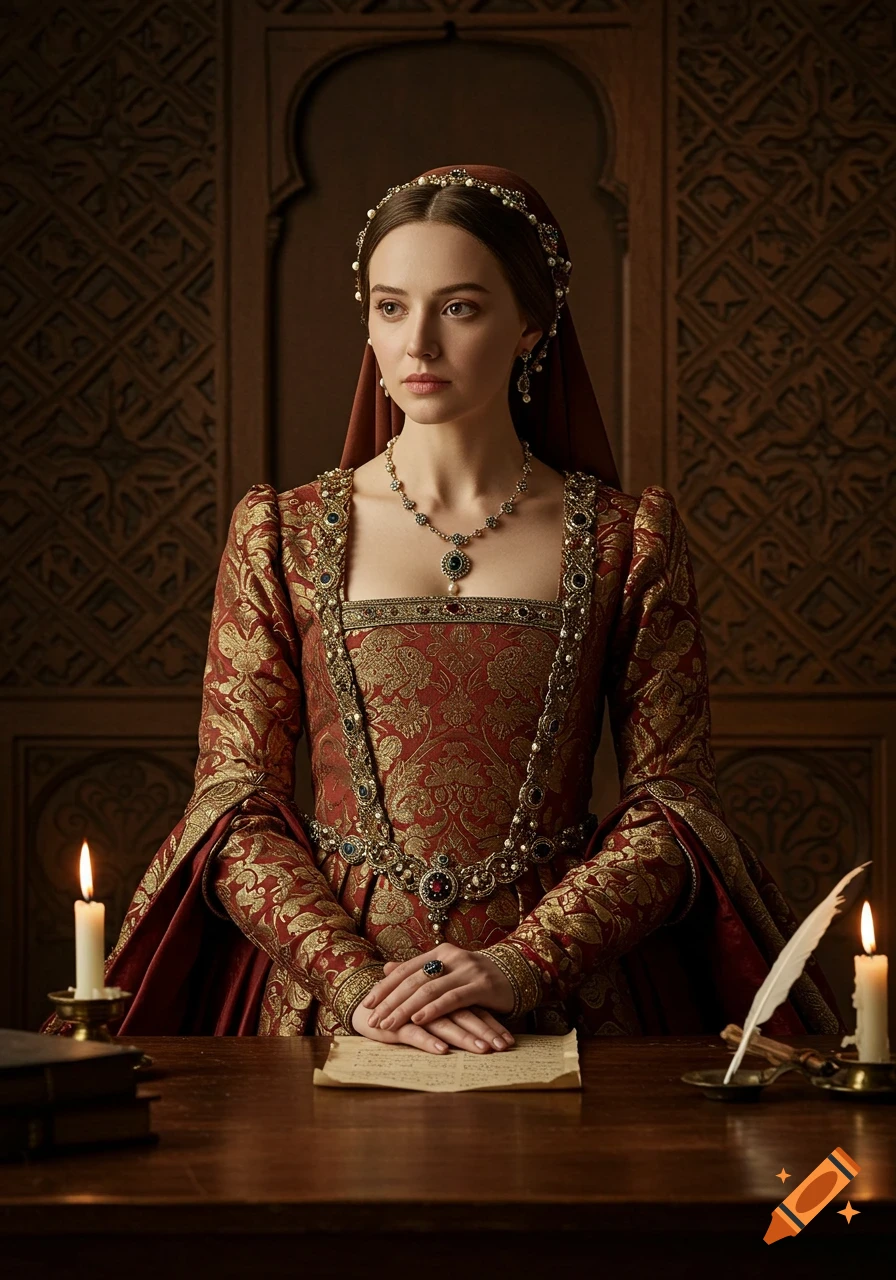 A young woman in elaborate red and gold Renaissance attire sits at a ...