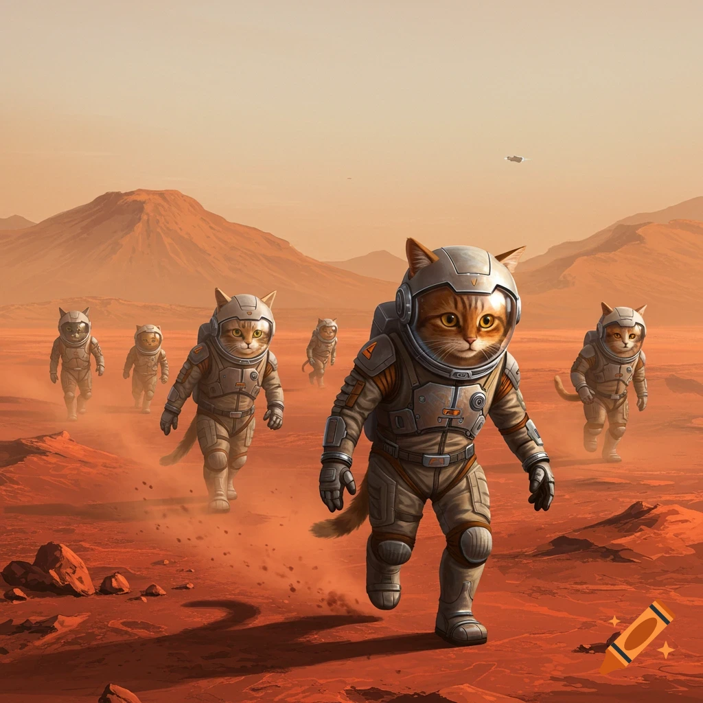 A squad of ginger cats in white and orange spacesuits walks across the ...