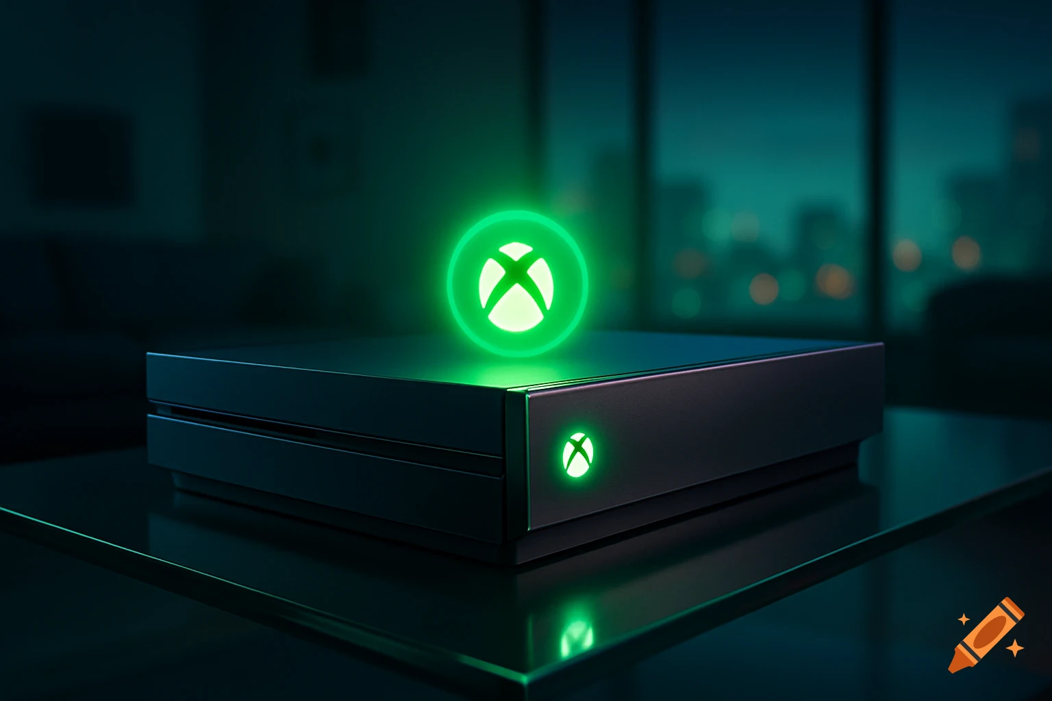 A dark, moody shot of an Xbox console with a glowing green Xbox logo ...