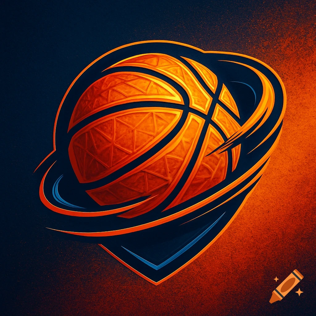 A stylized orange basketball logo with dark blue and light blue accents ...
