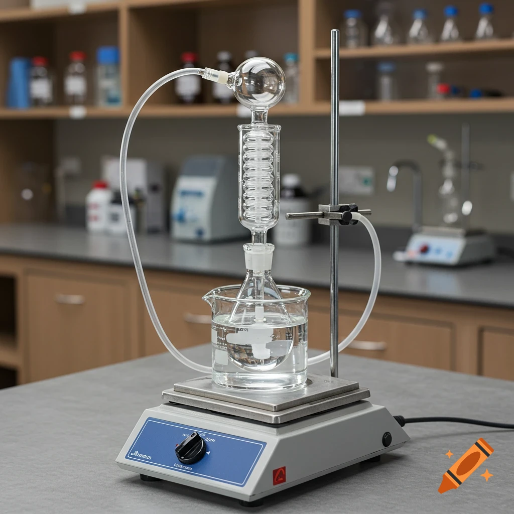 A chemistry experiment setup on a lab bench with a hot plate, beaker ...