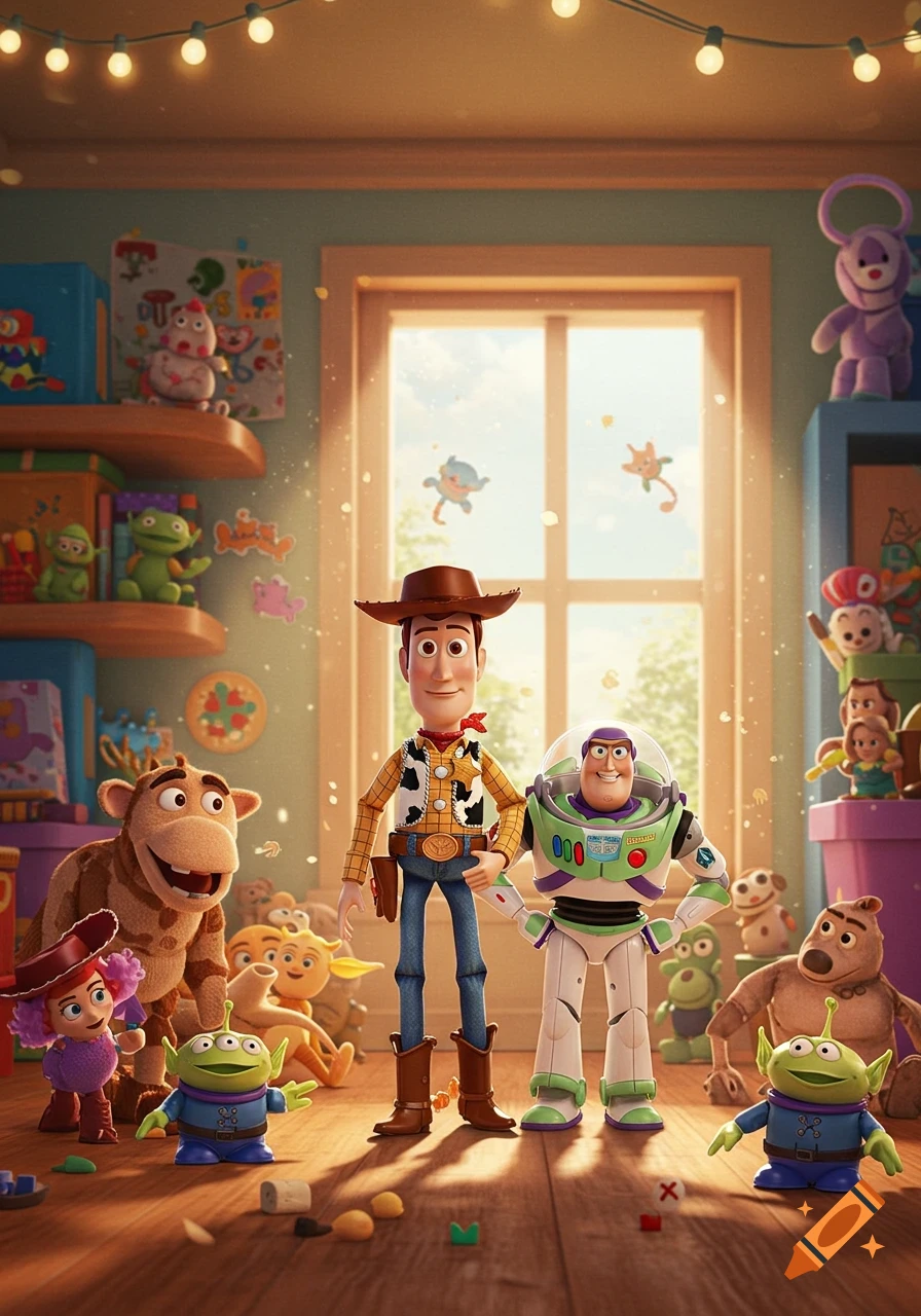 Jessie from Toy Story riding Bullseye through a sunlit room filled with ...