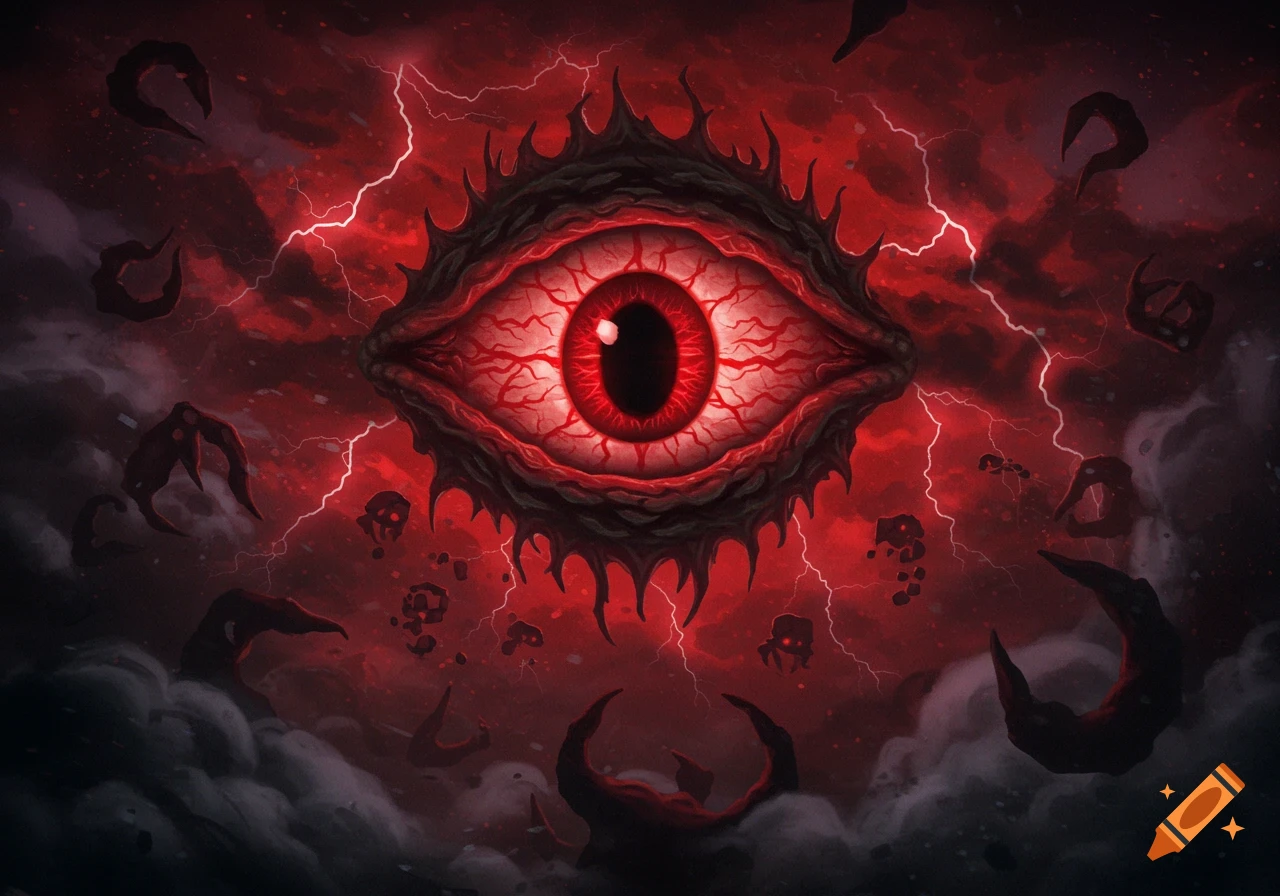 A menacing, bloodshot eye of Cthulhu from Terraria against a stormy red ...