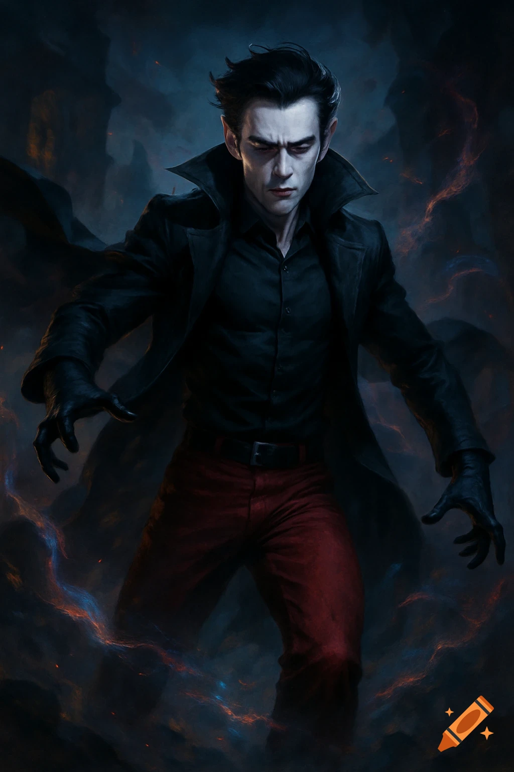 Close-up of a scary man's face half-illuminated, with one white eye and ...