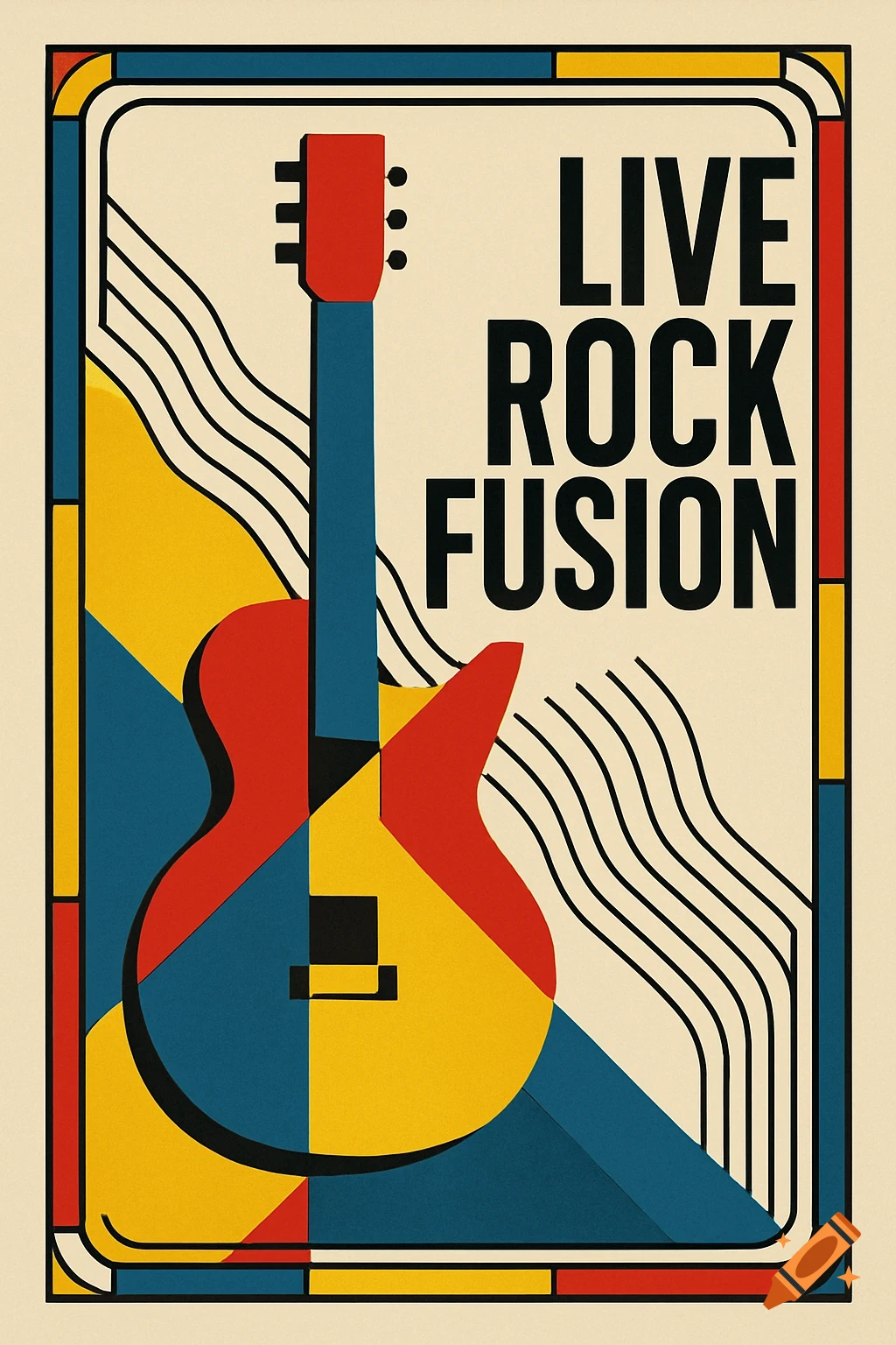 Bauhaus style concert poster with a red, yellow, and blue guitar ...